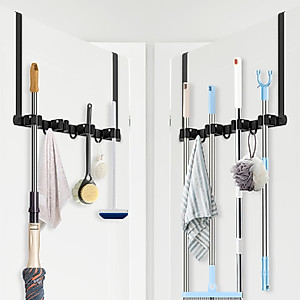 PrimZooty Broom Holder Over The Door 2PCS - 304 Stainless Steel Mop and Broom Hanger Wall Mounted or Hanging Over The Door with Hooks - Tool Organizer for Garage Closet Laundry Kitchen Decor