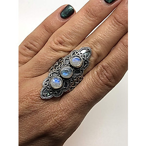 Koral Jewelry Moonstone 3 Stones Ethnic Vintge Gipsy Multi Stone Ring 925 Sterling Silver Vintage Tribal Gipsy Boho Chic (7)