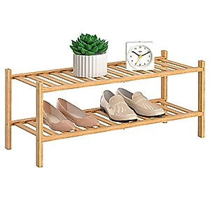 RONGJIA 2-Tier Natural Bamboo Shoe Rack - Stackable Storage Shelf with Multi-Function Combinations - Free Standing Shoe Racks for Convenient Shoe Organization（Natural） 11" D x 27" W x 13" H