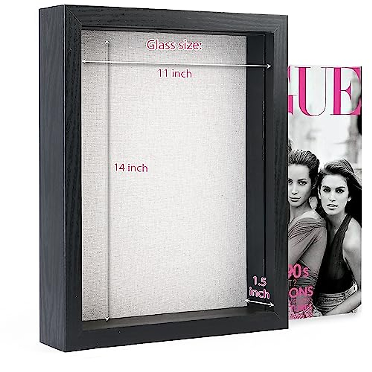 LotFancy Shadow Box Frame, 11x14 Black Display Case, Wooden Picture Frame for Desk, Soft Linen Backboard and Shatter Resistant Glass for Bouquet Photos