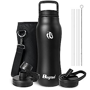 Beglad 24 oz Water Bottle Flask Jug, Vacuum Insulated Stainless Steel Water Bottle whit 3 Lids, Double Walled Metal Canteen Water Jug Thermo Mug, Hot Cold Water Bottles for Gym Travel Sports, Black