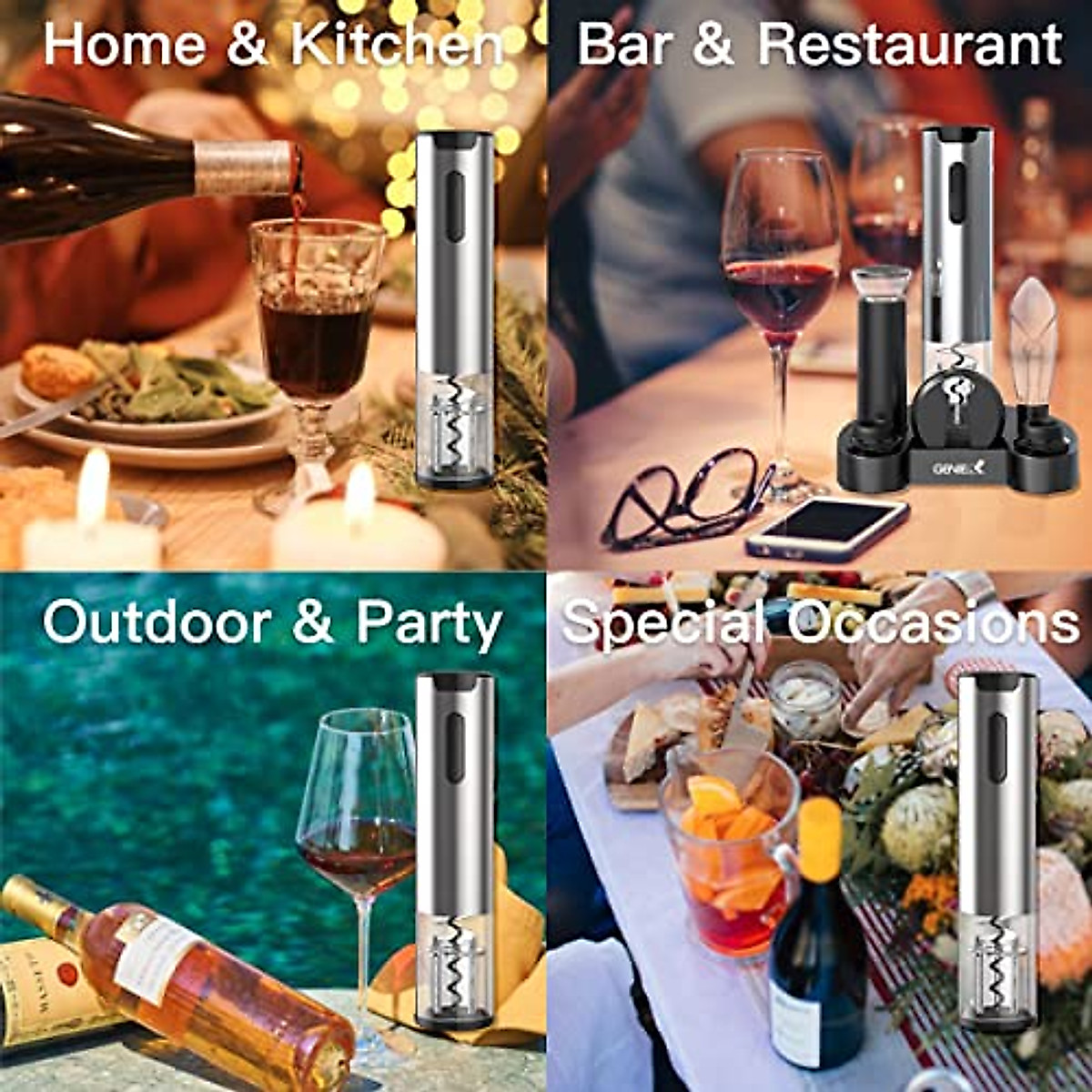 GenieX Electric Wine Opener with charging base, Automatic Wine Opener Electric Corkscrew. 7-in-1 wine accessories, USB-C charging, Cool Kitchen Gadgets, Deluxe gifts for wine lovers, housewarming gift