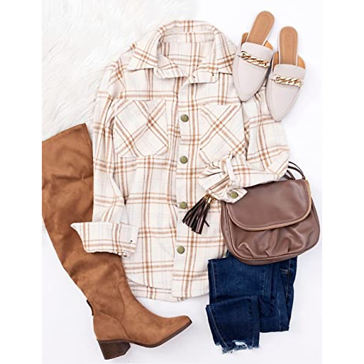 PRETTYGARDEN Women's 2023 Fall Clothes Plaid Shacket Jacket Long Sleeve Button Down Flannel Shirts Fashion Blouse(Plaid Khaki,Large)