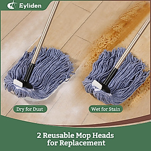 Eyliden String Mop with 2 Reusable Heads, Non-Touch Replacement Mops for Floor Cleaning, 4 Scouring Pads Adjustable Handle Floor Mop, Wet and Dry Cotton Mop for Any Surfaces, Commercial Home, Blue