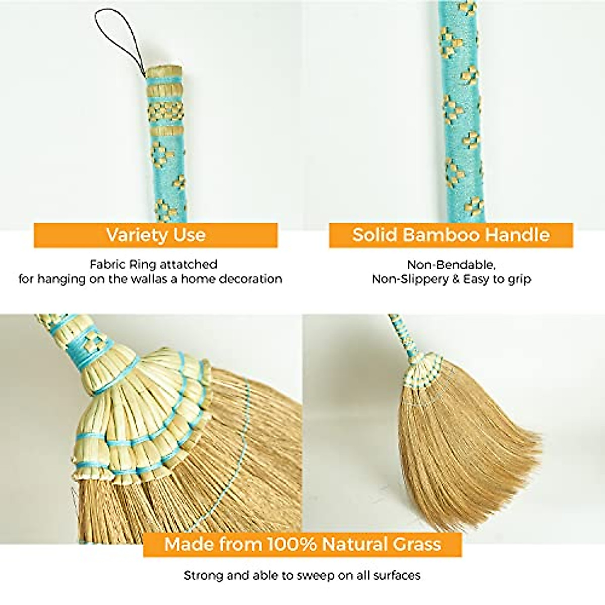 SN SKENNOVA - Asian Broom Thai Pattern Vintage Retro Natural Grass Broom Handmade (Blue)