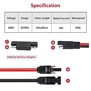 Billion wealth 23.6 inch 10AWG Solar Panel Connector to SAE Adapter Extension Cable Compatible with Solar Panels Kit