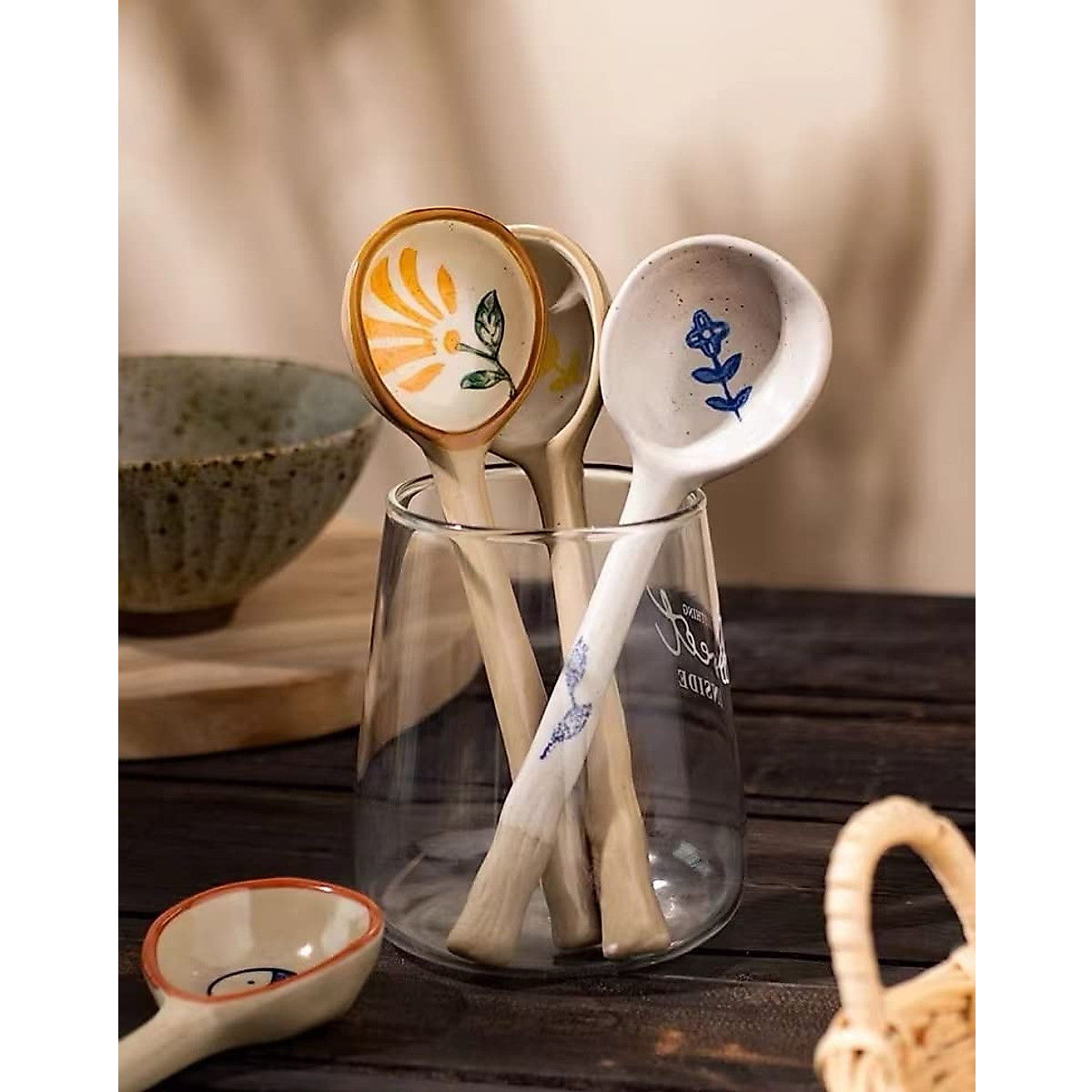 YUURAIN VUVU Japanese Large Spoon, Handmade Long Handle Asian Spoons, Retro Ceramic Spoons, Ramen Spoons, Pho Spoons, Large Soup Spoons with Cute Hand-Painted Pattern, Hand-Kneaded (2 Pieces) - D