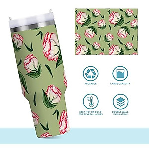 Adornlife Flower Rose Green 30 oz Tumbler with Handle and Straw Lid, 100% Leak-proof Travel Coffee Mug, Stainless Steel Insulated Cup For Beverages, Cupholder Friendly
