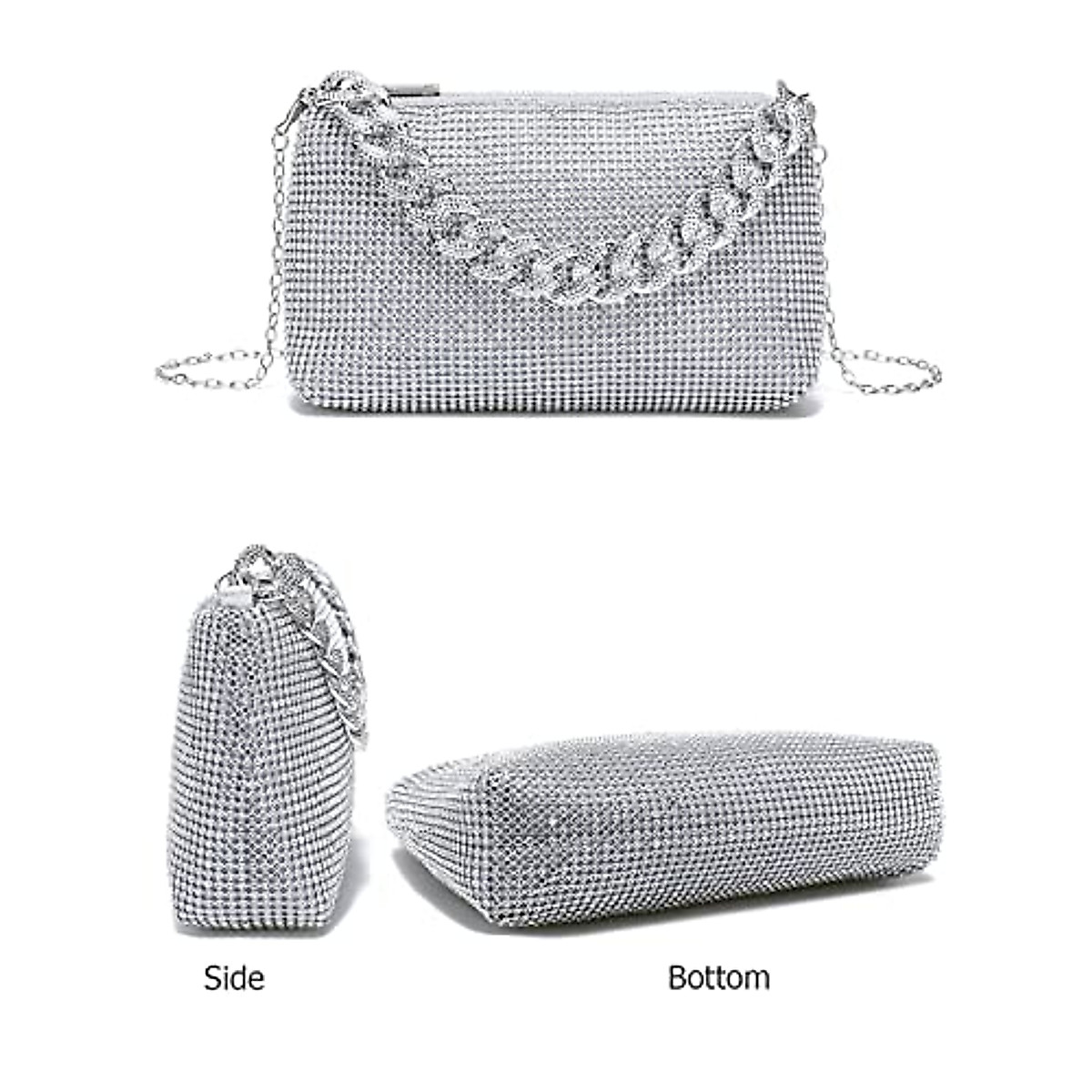 YIKOEE Sparkly Rhinestone Clutch Purse Evening Bag for Women with Chunky Chain (Silver)