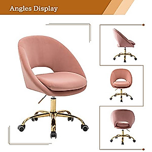 TINA'S HOME Modern Velvet Office Chair with with Adjustable Swivel, Comfy Upholstered Desk Chair with Open Back, Small Cute Chair for Living Room Study Vanity, Pink