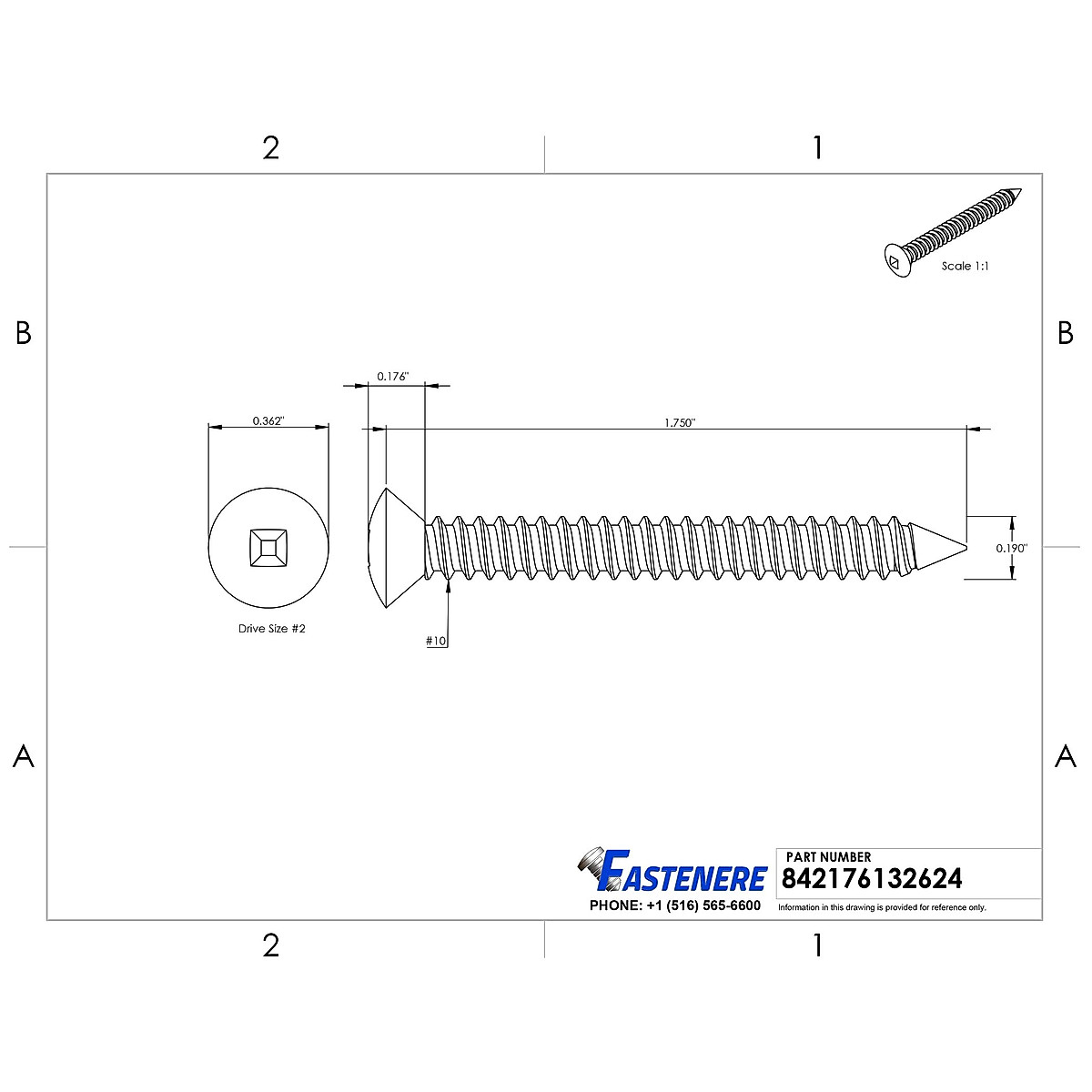 #10 x 1-3/4" Oval Head Sheet Metal Screws, Square Drive, Stainless Steel 18-8, Full Thread, Bright Finish, Self-Tapping, Type A, Quantity 50 by Fastenere
