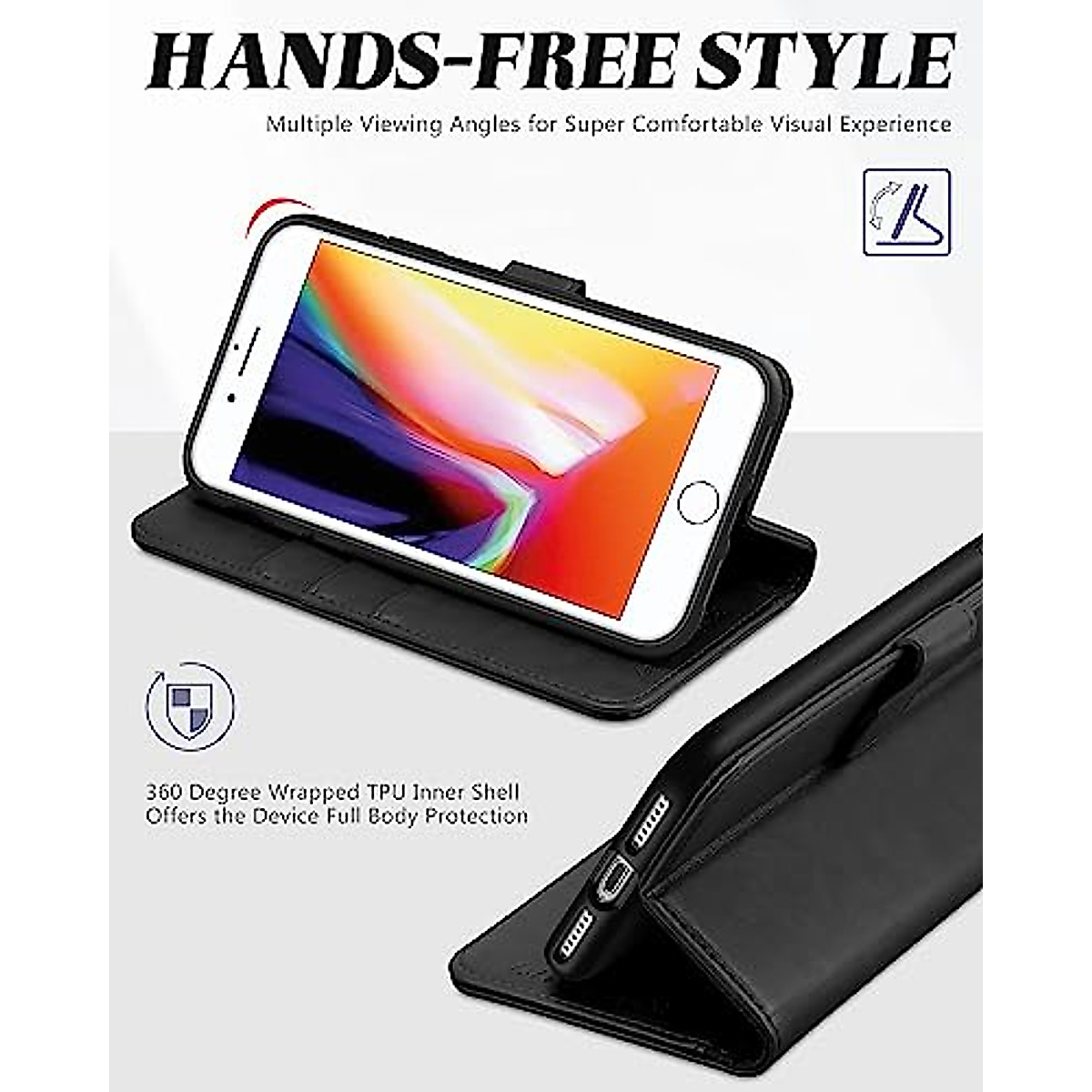 TUCCH iPhone 8 Plus Wallet Case, iPhone 7 Plus Case, Premium PU Leather Flip Case with Card Slot, Stand Holder, Magnetic Closure [Shockproof TPU Interior Case] Compatible with iPhone 7/8 Plus, Black