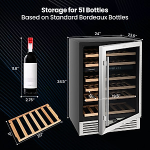 COSTWAY 24 Inch Wine Cooler, 51 Bottles Dual Zone Wine Refrigerator w/Stainless Steel Tempered Glass Door & Safety Lock, Built-in or Freestanding Mini Wine Fridge for Home Bar Office