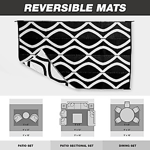 wikiwiki Outdoor Rug, 5x8 FTWaterproof Reversible Mat Indoor Outdoor Rugs Carpet, Small Area Rug Plastic Straw Rug for Patio Deck Balcony Pool RV Camping Beach Picnic, Black & White