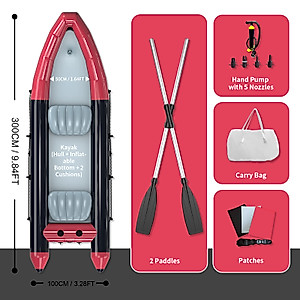 AZXRHWYGS 10 ft Inflatable Boat, 2 Person Kayak, Red, PVC Material, Fishing, Travel, with Aluminum Oars, Hand Pump, Carry Bag