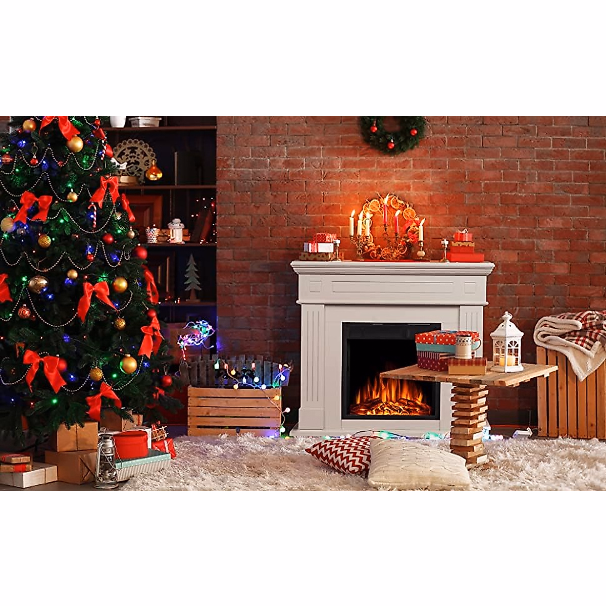 Xbeauty 44" Electric Fireplace with Mantel Package Freestanding Fireplace Heater Corner Firebox with Log & Remote Control,750-1500W,(White)