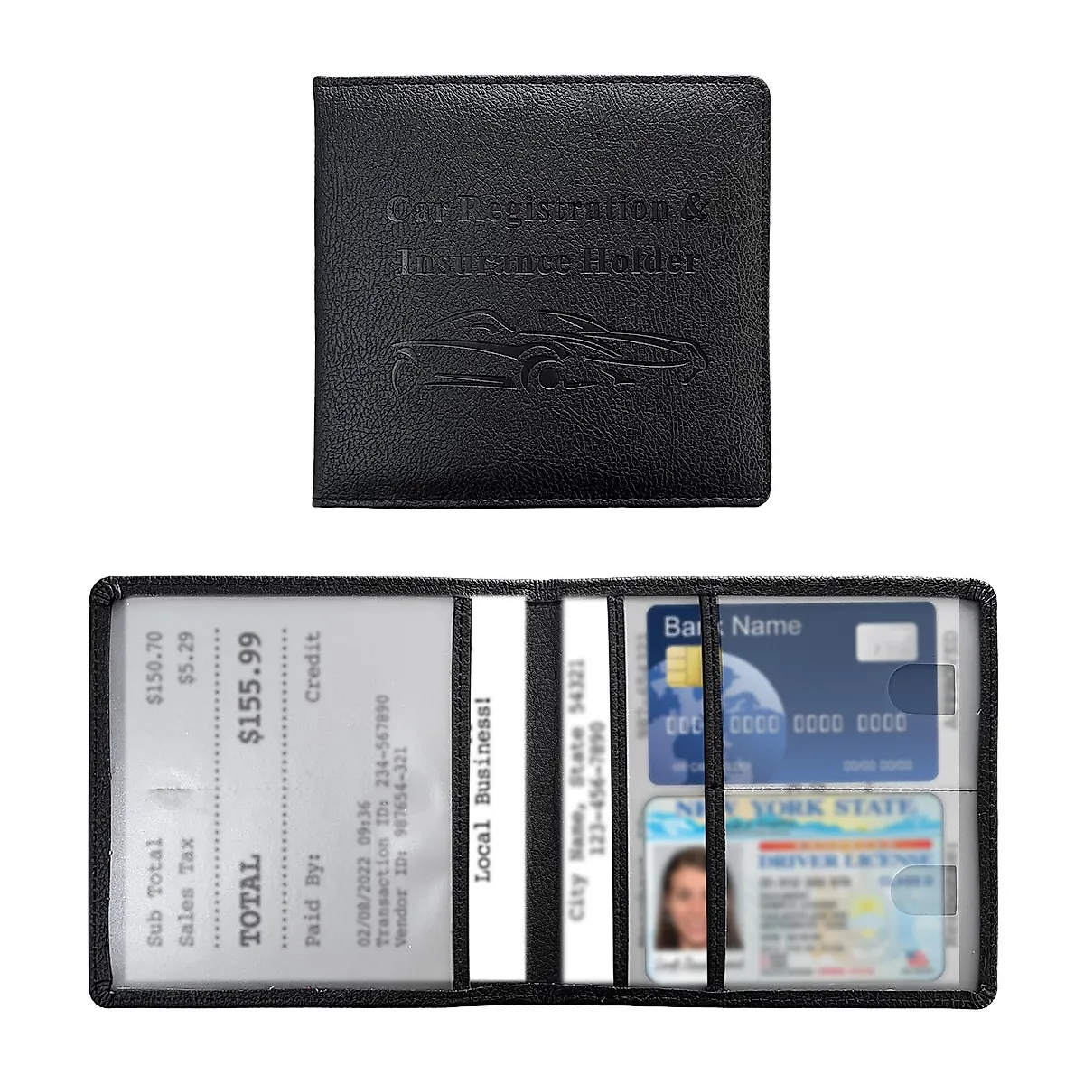 Dickno Car Registration and Insurance Holder, 5.51" × 5.11" Leather Vehicle Glove Box Organizer with Magnetic Closure, Auto Document Holder for Cards and Drive License (Black)