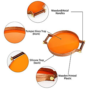 DalimFun Reversible Glass Serving Tray with Wooden Handles for Coffee Table, Vanity, Jewerly, Perfume and Make up Decorative Tray, Orange