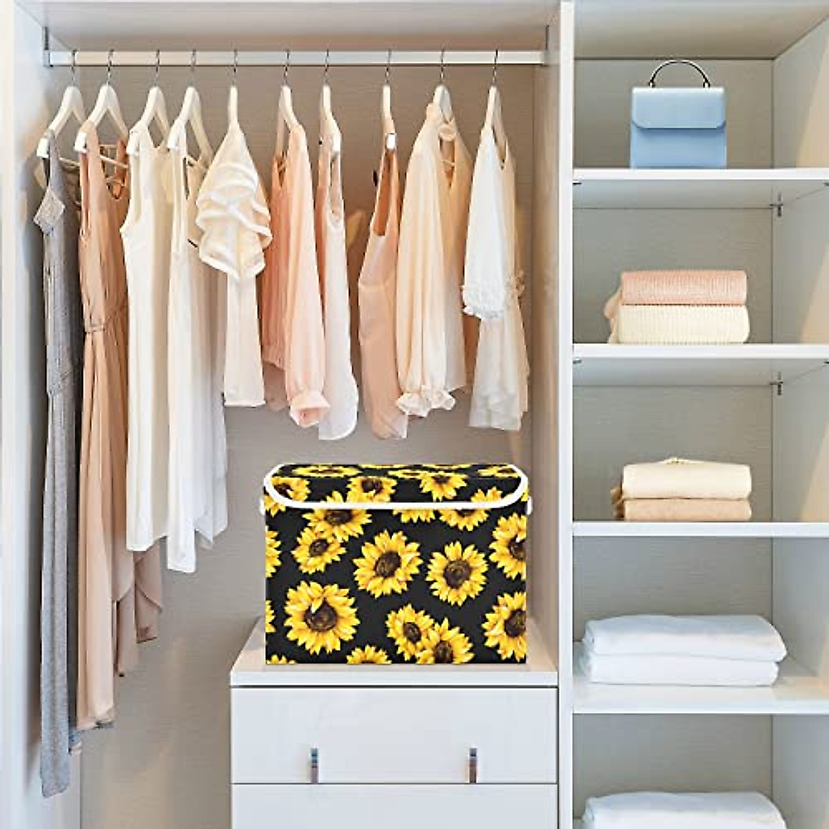 CaTaKu Sunflower Black Storage Bins with Lids Fabric Large Storage Container Cube Basket with Handle Decorative Storage Boxes for Organizing Clothes Shelves