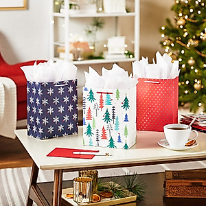 Hallmark 9" Medium Holiday Gift Bag Bundle (6 Bags, 3 Designs: Red Polka Dot, Colorful Christmas Trees, Navy Snowflake) for Christmas, Birthdays, Kids