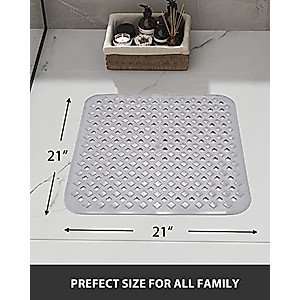 Shower Bathtub Mat Non-Slip, Machine Washable Shower Mat with Suction Cups and Drain Holes Square Bath Tub Mat for Tub or Shower Room for Kids & Elderly 21x21 Grey