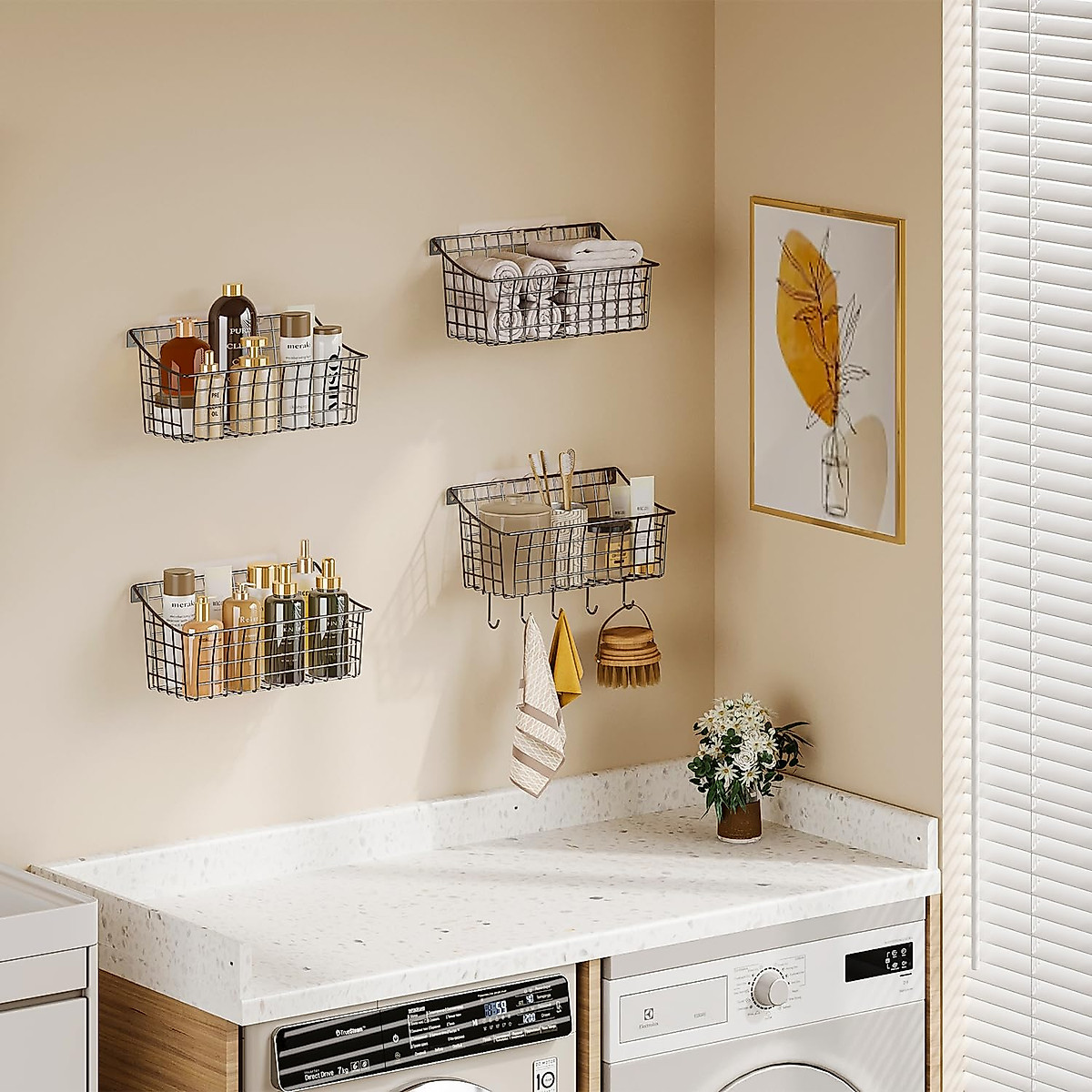 4 Pack Hanging Wall Basket for Organizing, Large Wire Baskets for Storage Pantry with 5 S Hooks+4 Strong Adhesive Wall Hooks, Wall Mounted Metal Wire Storage Baskets Shelf for Cabinet Kitchen Bathroom