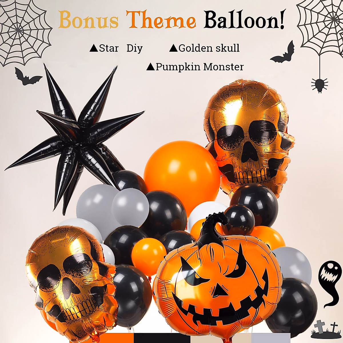 Fall Halloween Balloon Garland Kit 122Pcs Orange Sand White Black Grey with Skull Pumpkin monster Star mylar foil Balloons Arch Party Decoration for Birthday Party and Baby Shower