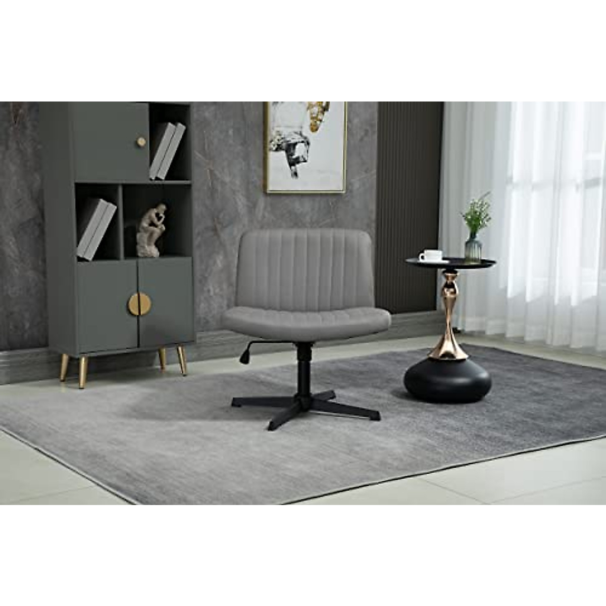 Armless Office Chair No Wheels with Thickened Cushion, Height Adjustable Swivel Ergonomic Computer Task Chair, Mid Back PU-Padded Bedroom Vanity Chair, Home Office Desk Chair - Grey Leather