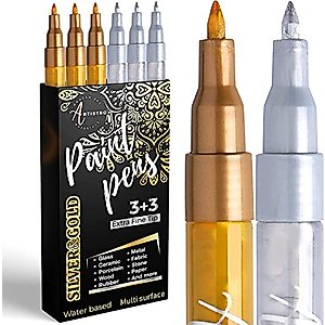 Metallic Acrylic Paint Pens for Rock Painting, Stone, Ceramic, Glass, Wood, Fabric, Canvas, Metal, Scrapbooking (6 Pack) Set of 3 Gold & 3 Silver Acrylic Paint Markers Water-Based Extra-Fine Tip 0.7mm