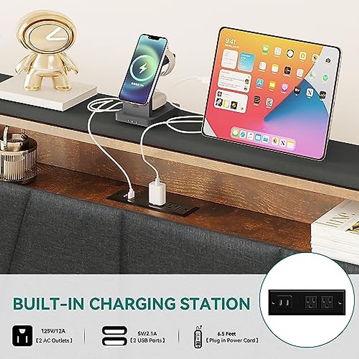 YITAHOME Queen Size Bed Frame, LED Bed Frame with Storage Upholstered Headboard, Platform Bed with Outlet & USB Ports, No Box Spring Needed, Easy Assembly, Grey