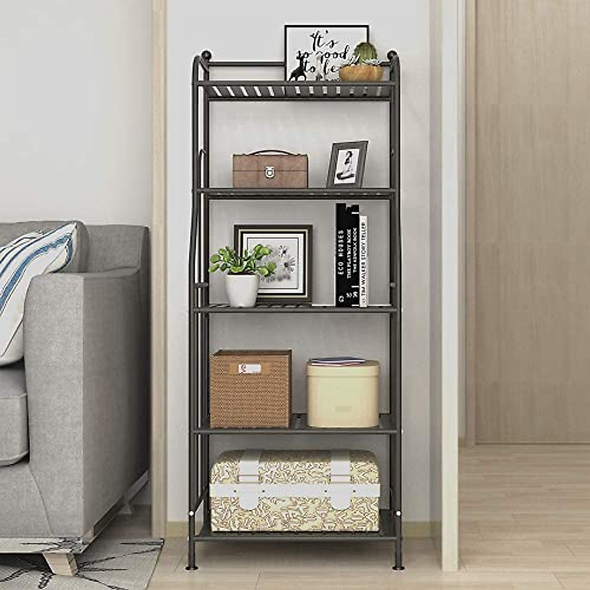 GHQME 5 Tier Metal Standing Shelf Space Saver, Storage Tower Rack for Kitchen Bathroom, Storage Shelving Unit Organizer, Outdoor Flower Stand (Black, 5-Tier)