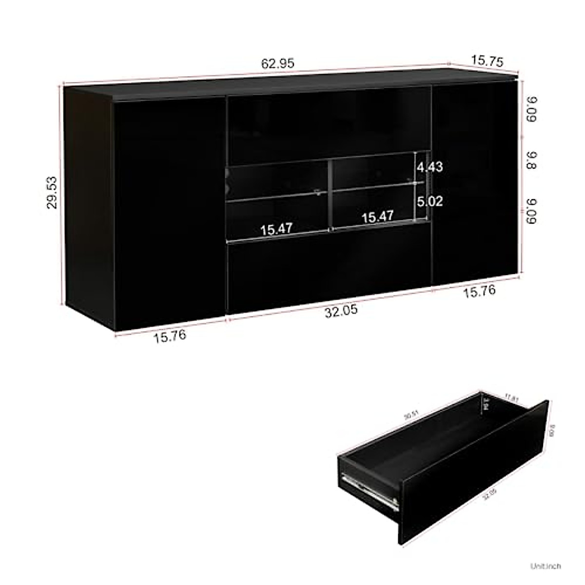 CEMKAR Modern Style Double-Door Side Cabinet with Adjustable Shelving and Full-Extension Drawers - Perfect for Living Room and Bedroom (Black)