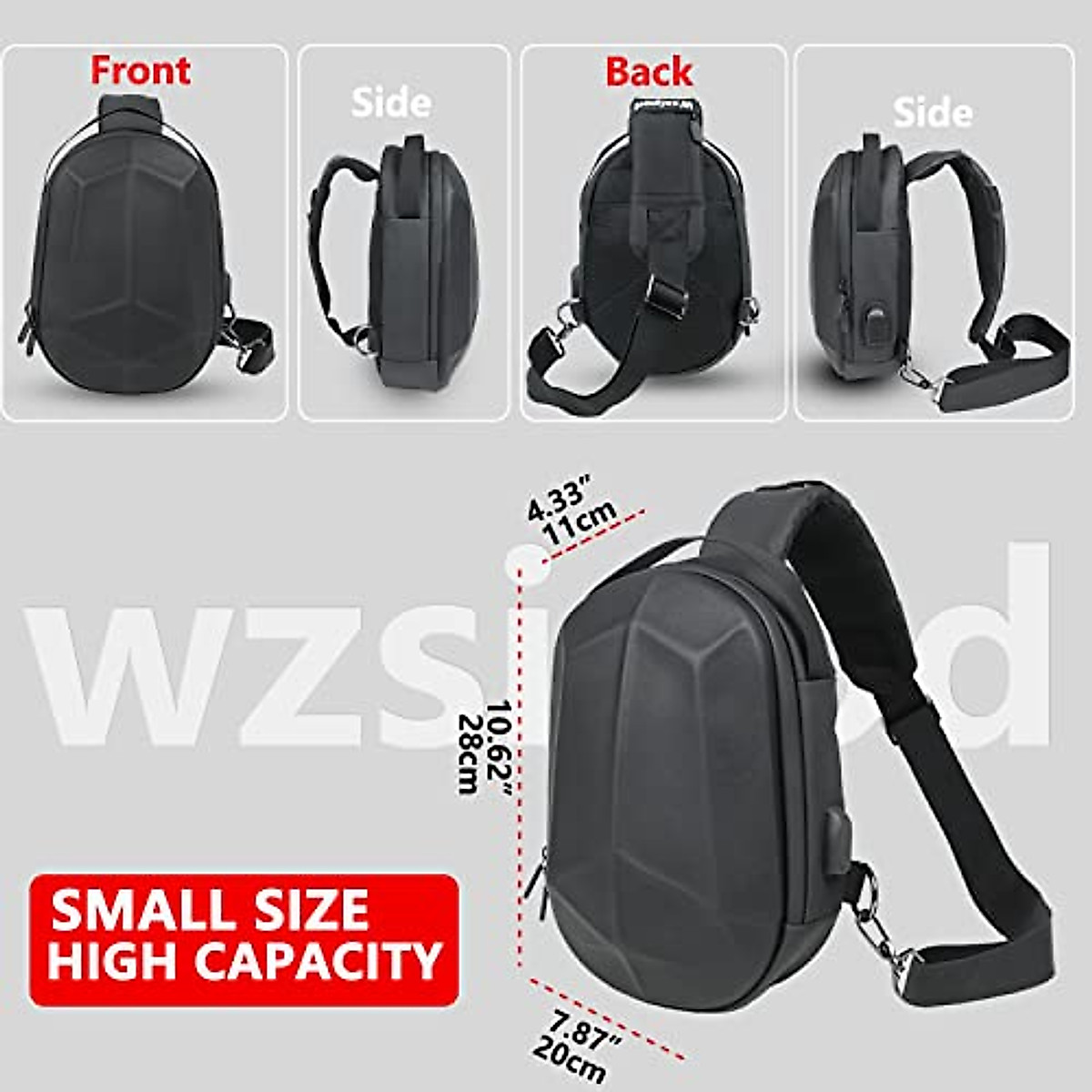 Wzsipod Small Hard Shell Sling Bag for Men Women, Crossbody Backpack Bag for Teenager, One Strap Chest Bags for Men, Lightweight Quest 2 Case With USB-A Charger Port for Daily Cycling Hiking (Black)