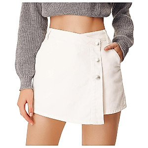 WDIRARA Women's High Waisted Button Front Denim Skort Asymmetrical Hem Skirt Shorts White XL
