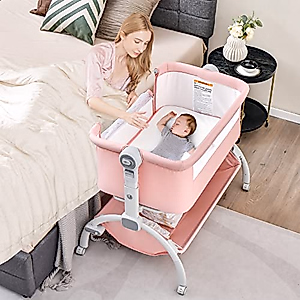 INFANS 3 in 1 Baby Bassinet, Bedside Sleeper, Rocking Cradle, Easy Folding Portable Safer Co-Sleeping Crib with Height Angle Adjustable, Wheels Storage Basket Travel Bag for Infant Newborn (Pink)