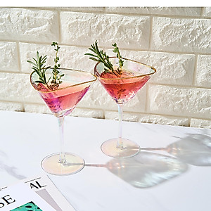 Iridescent Lustered Hammered Martini Glasses - Set of 2 - Gold Rim 8 oz Colorful Balloon Stemmed Glassware - Festive Anniversaries, Birthday Gift, Cocktail Party Radiance - Unique Wine Barware