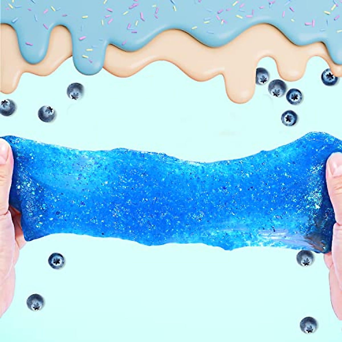 Premade Crystal Slime Blueberry Blue Jelly Cube Glimmer Crunchy Slime, Includes 6 Sets of Slime Add-ins, Party Favors for Kids, Sensory and Tactile Stimulation, Stress Relief, for Girls & Boys