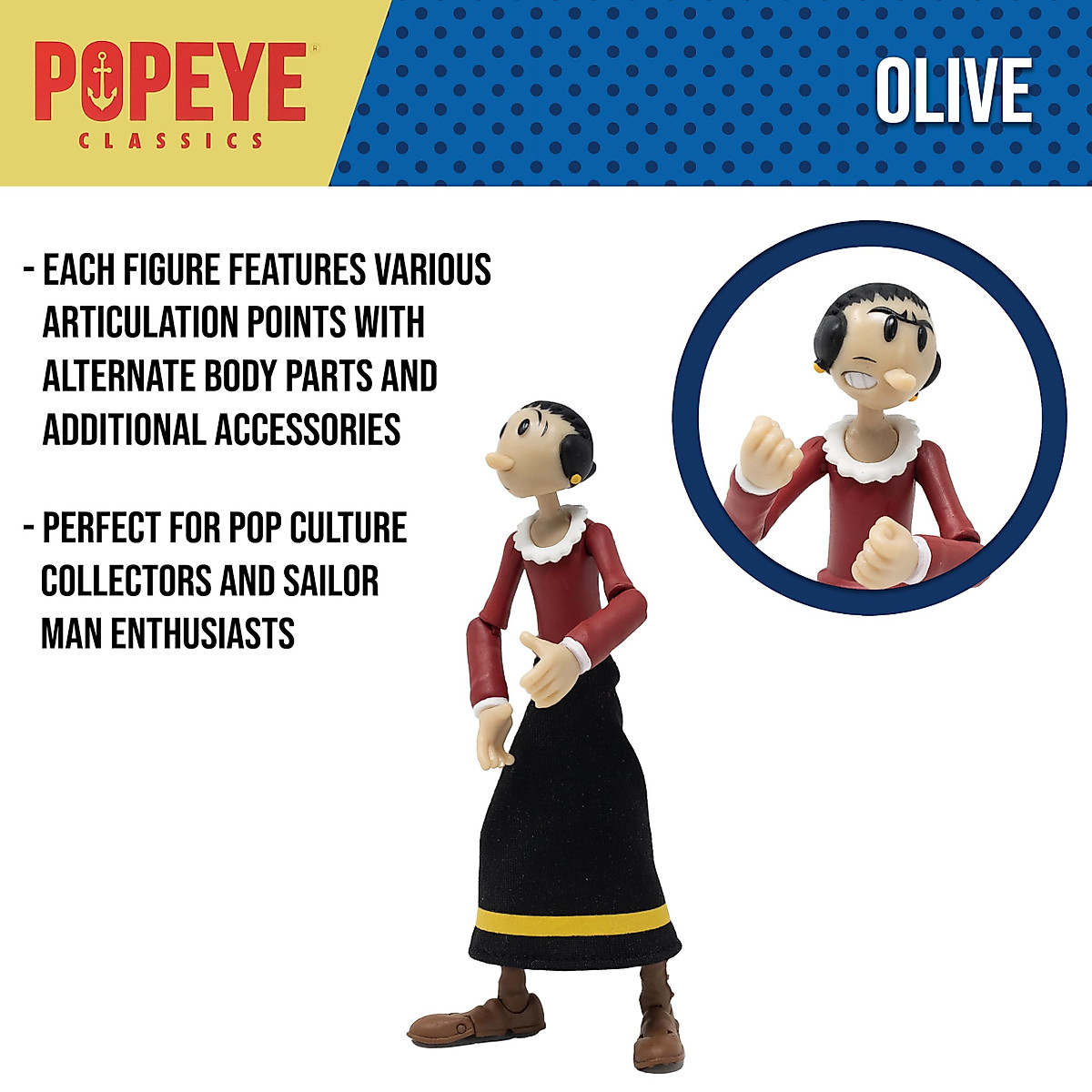 Boss Fight Studio Olive OYL Popeye Classics Wave 1 Action Figure – Highly Articulated Figurine with Accessories Including Swee’ Pea, Fabric Skirt, Alternate Heads and Hand, and Removable Hat - 1:12
