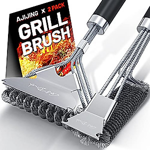 AJIJING Grill Brush and Scraper,2 Pack BBQ Grill Cleaning Brush 18" Stainless Steel Wire Bristle BBQ Grill Cleaner Brush Scraper Accessories for Gas Grill Weber Charcoal Porcelain Ceramic Iron Grill
