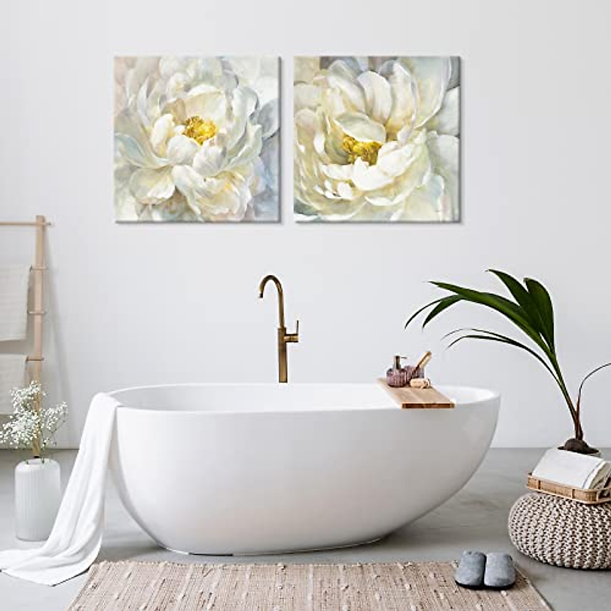 SEVEN WALL ARTS Flower Canvas Wall Art Peony Floral Pictures Set Abstract White and Yellow Blossom Paintings for Bedroom Bathroom Kitchen Office Living Room Wall Decor 24"x24"x2pcs