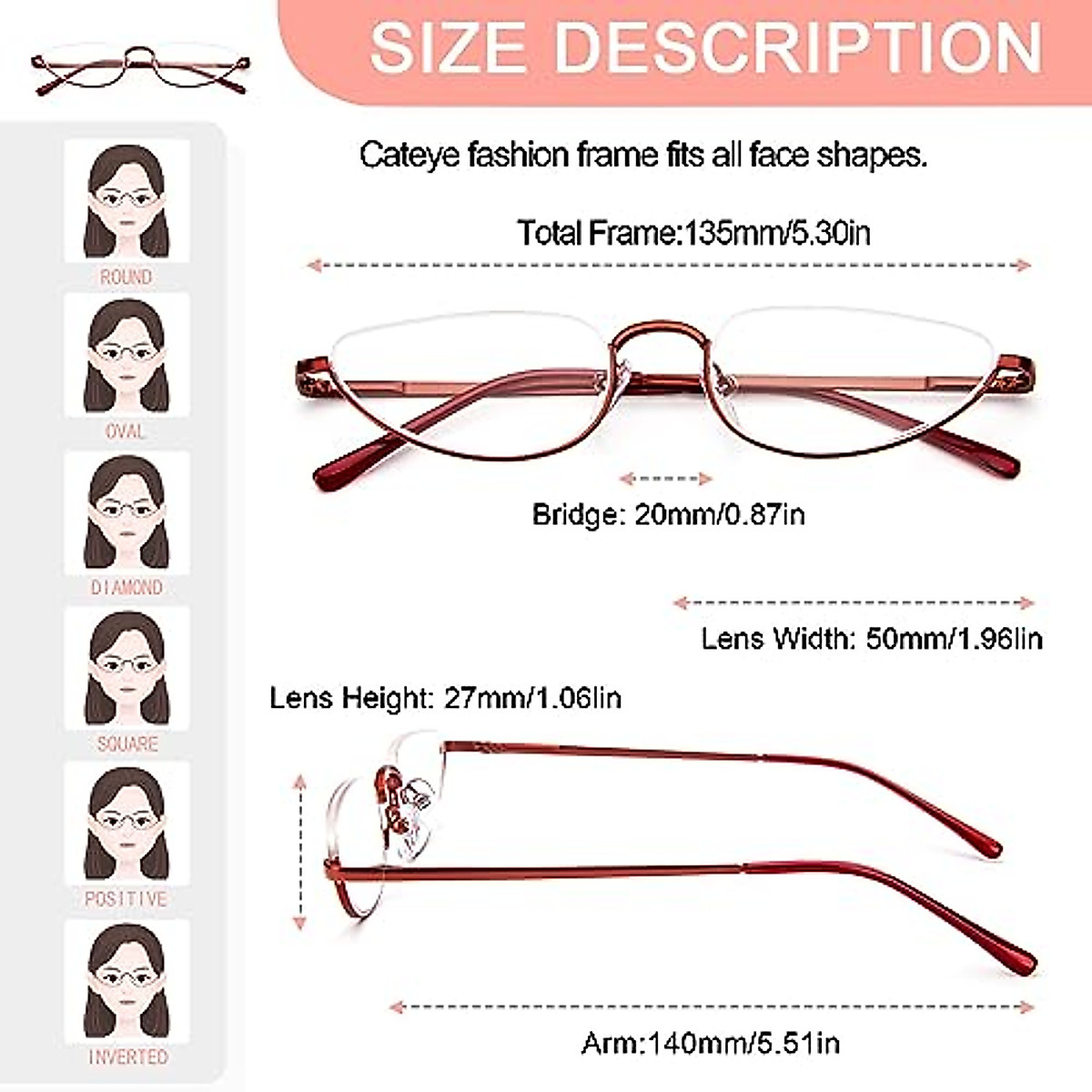 KoKoBin Half Reading Glasses for Men Women,Half Moon Metal Frame Lens Spring Hinge Readers, Purple+Red 3.00