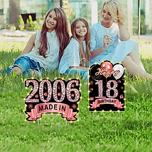 2Pcs Rose Gold 18th Birthday Yard Sign Decoration with String Lights for Girl, Happy 18 Birthday Made in 2006 Lawn Sign Party Supplies, Eighteen Year Old Birthday with Lights Yard Decor with Stakes