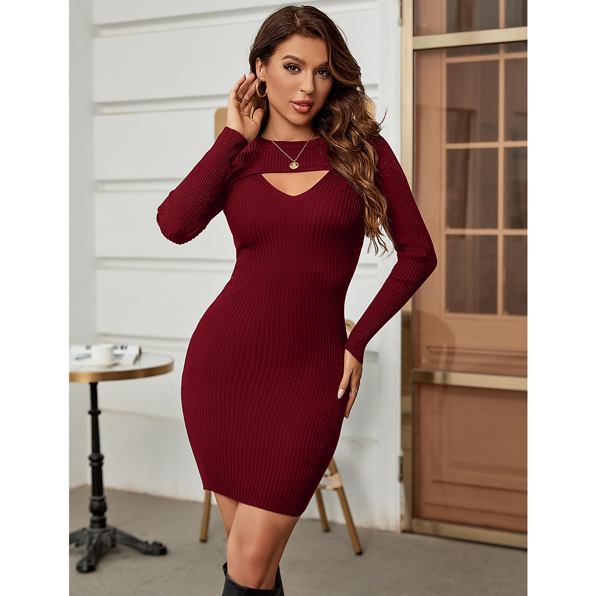 Blooming Jelly Womens Long Sleeve Sweater Dress Sexy Cut Out Bodycon Mini Fall Dress Trendy Ribbed Knit Ladies Winter Sweater (Large, Burgundy)
