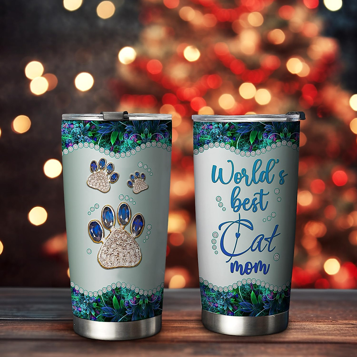 20oz Green Jade Jewelry Cat Mom Tumbler, World's Best Cat Mom Gifts for Cats Lovers, Coffee Thermos for Women, Stainless Steel Double Wall Vacuum Insulated Coffee Mug, Travel Cup with Lid