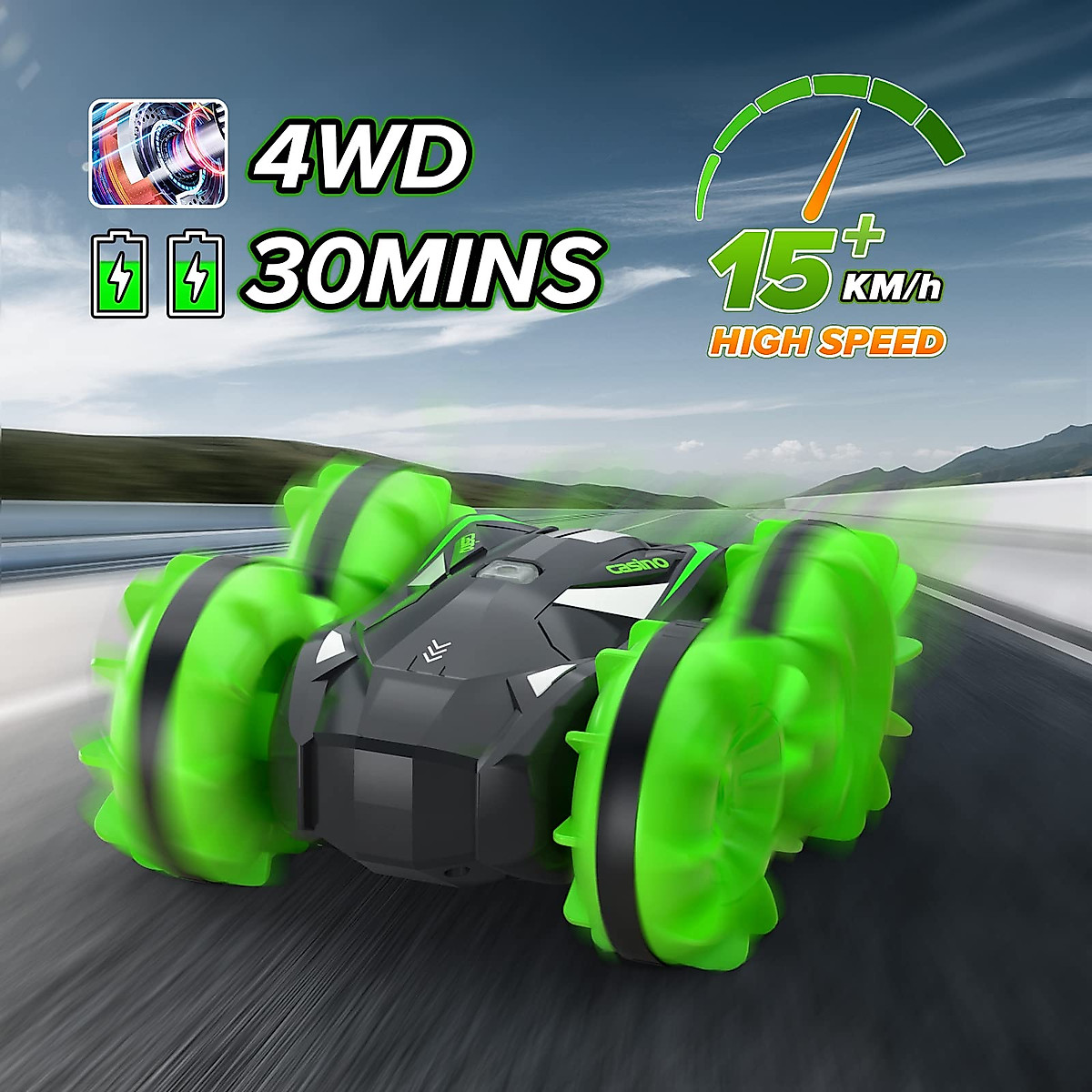 MAVREC Toys Amphibious Remote Control Car, Kids Toys for 6-12 Year Old Boys, 2.4GHz RC Cars with 360° Flip, 4WD Off-Road Waterproof RC Stunt Car, Christmas Birthday Gifts for Kids (Green)