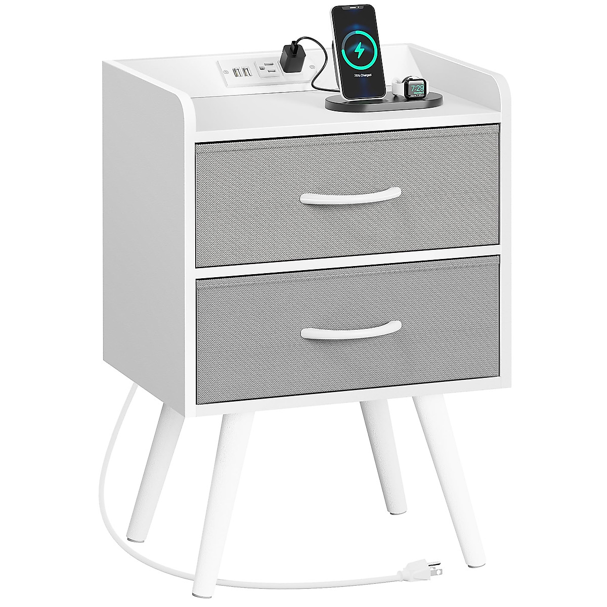 Huuger Night Stand with Charger Station, Nightstand with Drawers, Bedside Table, End Table with Solid Wood Feet, White Nightstand, Side Tables for Bedroom