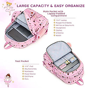 KIDNUO Girls Backpack,15.6 Inch Laptop School Bag Large Primary Elementary Middle College Bookbags Kids Backpacks for Teens Girls Women Students Anti Theft Travel Daypack ( Pink Ballerine )
