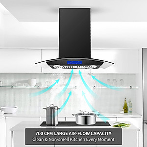 JOEAONZ 30 Inch Island Range Hood Black 700CFM Stainless Steel Convertible, Ceiling Mount Vent Hood with Tempered Glass, Kitchen Exhaust Fan, LED lights, LCD Touch Panel, Permanent Grease Filters
