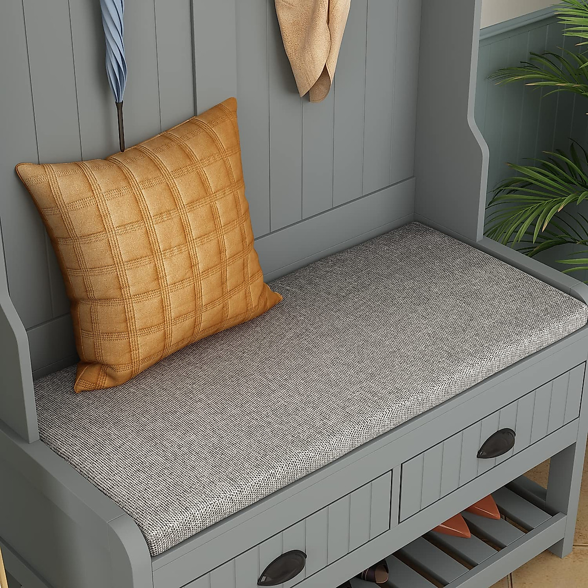 Homsee Modern Hall Tree with Storage Bench, 4-in-1 Entryway Bench with Coat Rack, Tall Hall Tree with 4 Metal Double Hooks, Shelves & 2 Drawers for Hallway, Living Room, Grey