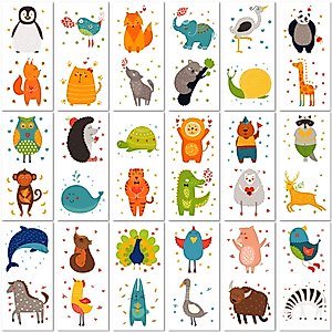 PapaKit Cute Zoo Animals 36 Temporary Fake Tattoo Set, 18 Individually Wrapped Sheets | Kids Girls & Boys Birthday Party Favor Gift Supply
